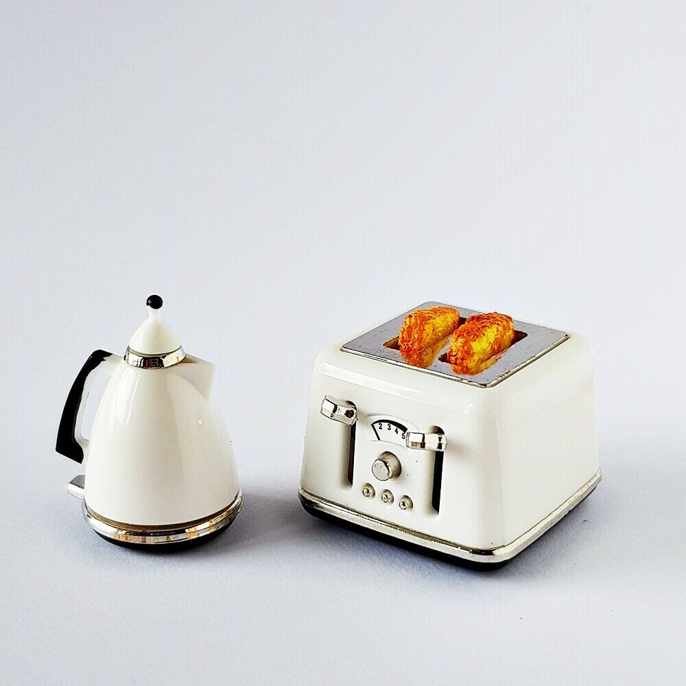 Miniature White Breakfast Electric Bread Toaster and white tea carafe ...